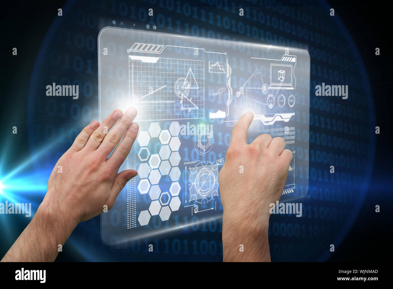 Hands pointing and presenting against glowing binary code on black background Stock Photo - Alamy