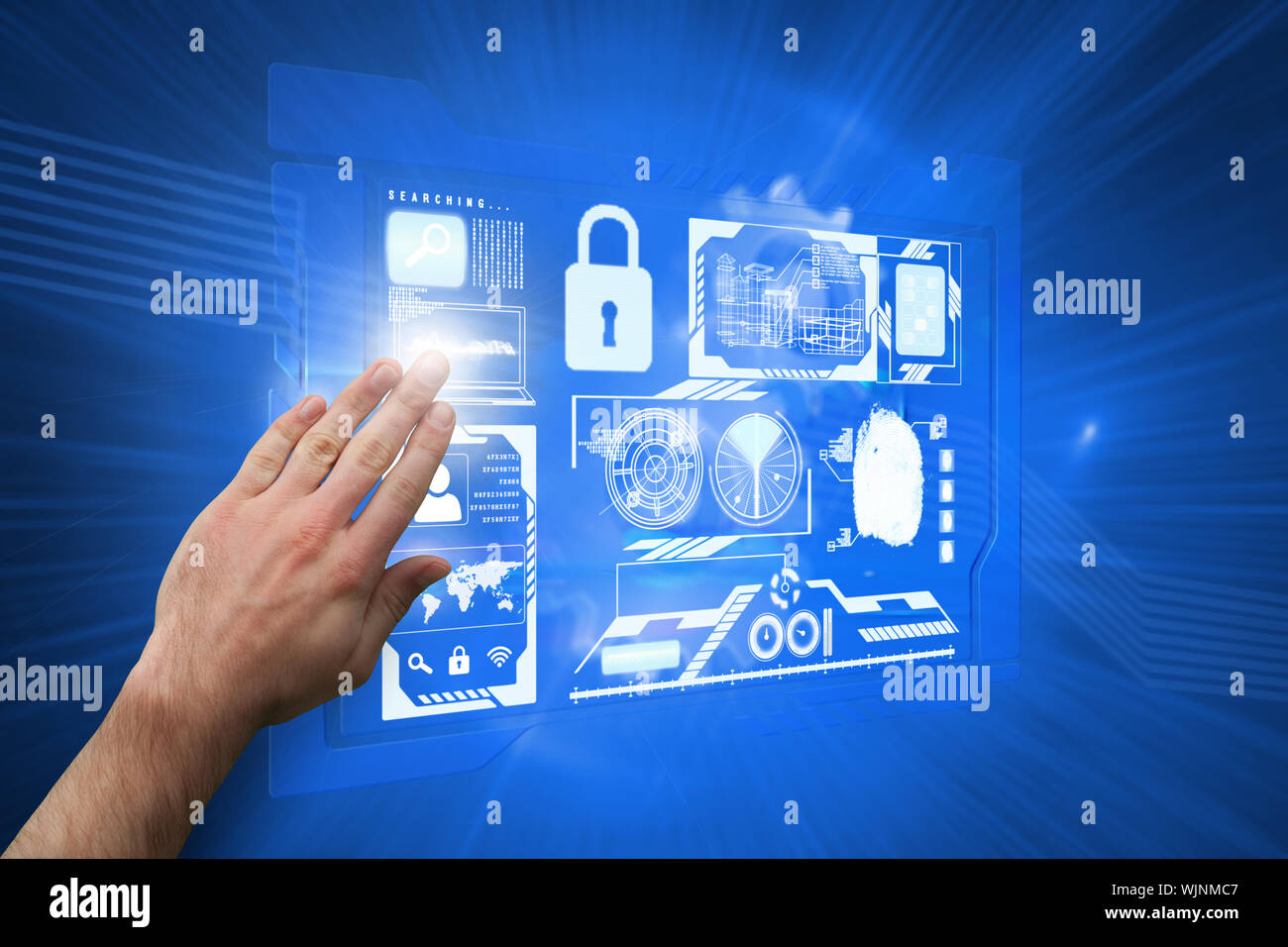 Hand presenting against shiny cogs on blue background Stock Photo - Alamy