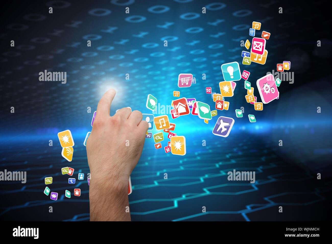 Hand pointing against hexagon pattern on technical background with binary code Stock Photo - Alamy