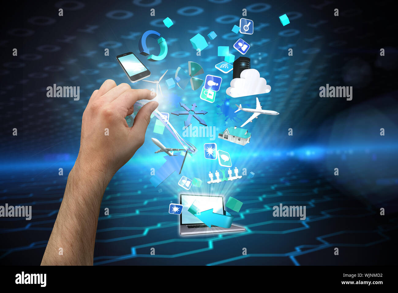 Hand presenting against hexagon pattern on technical background with binary code Stock Photo - Alamy