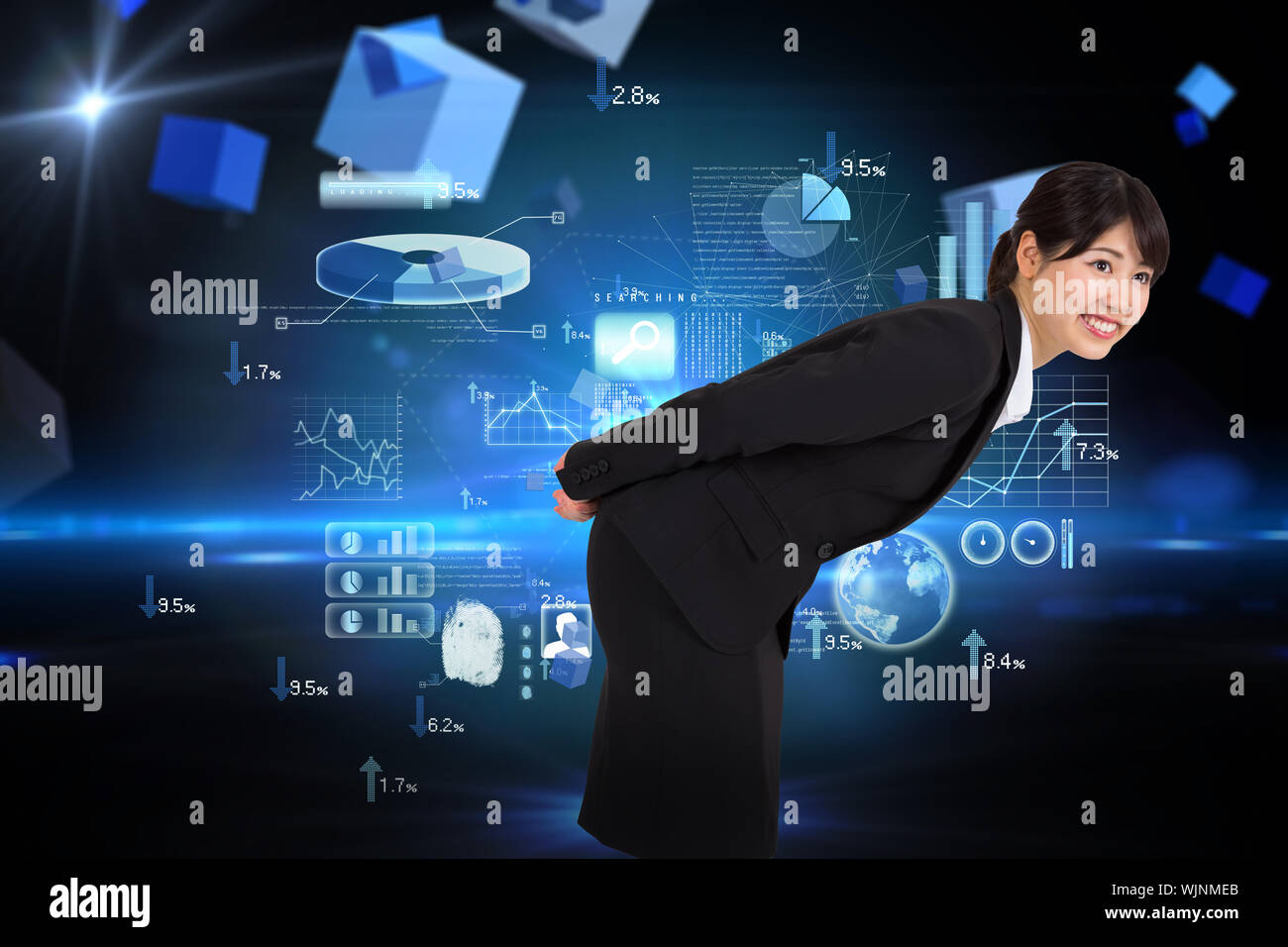 Smiling businesswoman bending against boxes on technical background ...