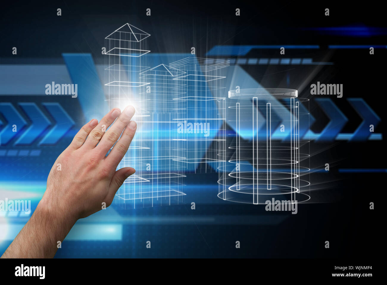 Hand presenting against arrows on technical background Stock Photo - Alamy