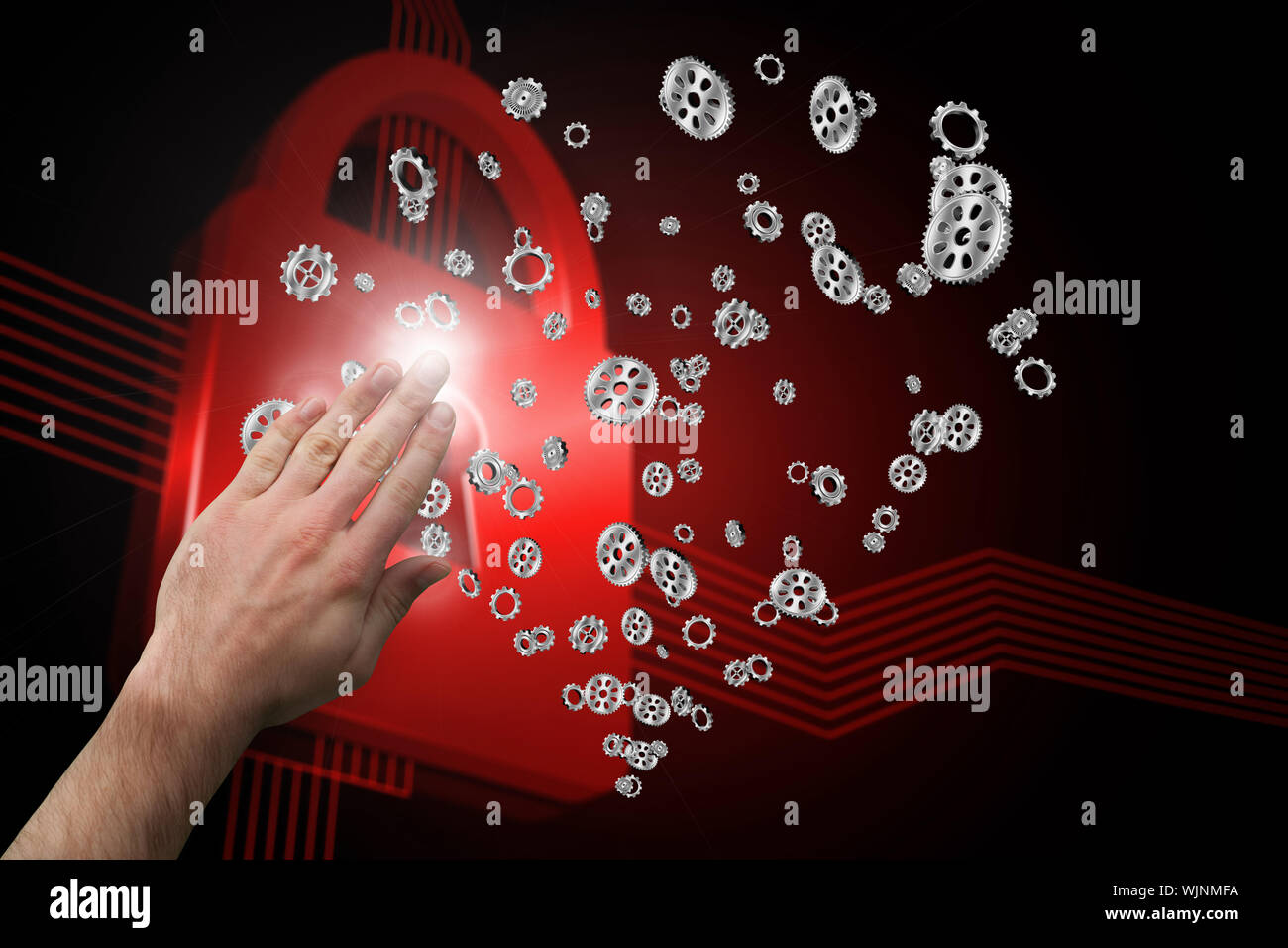 Hand presenting against shiny red lock on black background Stock Photo ...