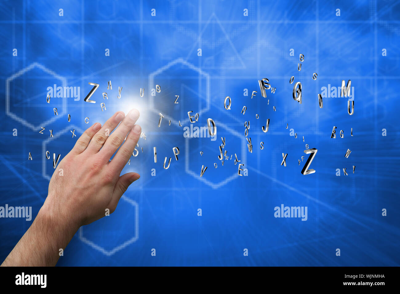 Hand presenting against abstract technology background Stock Photo - Alamy