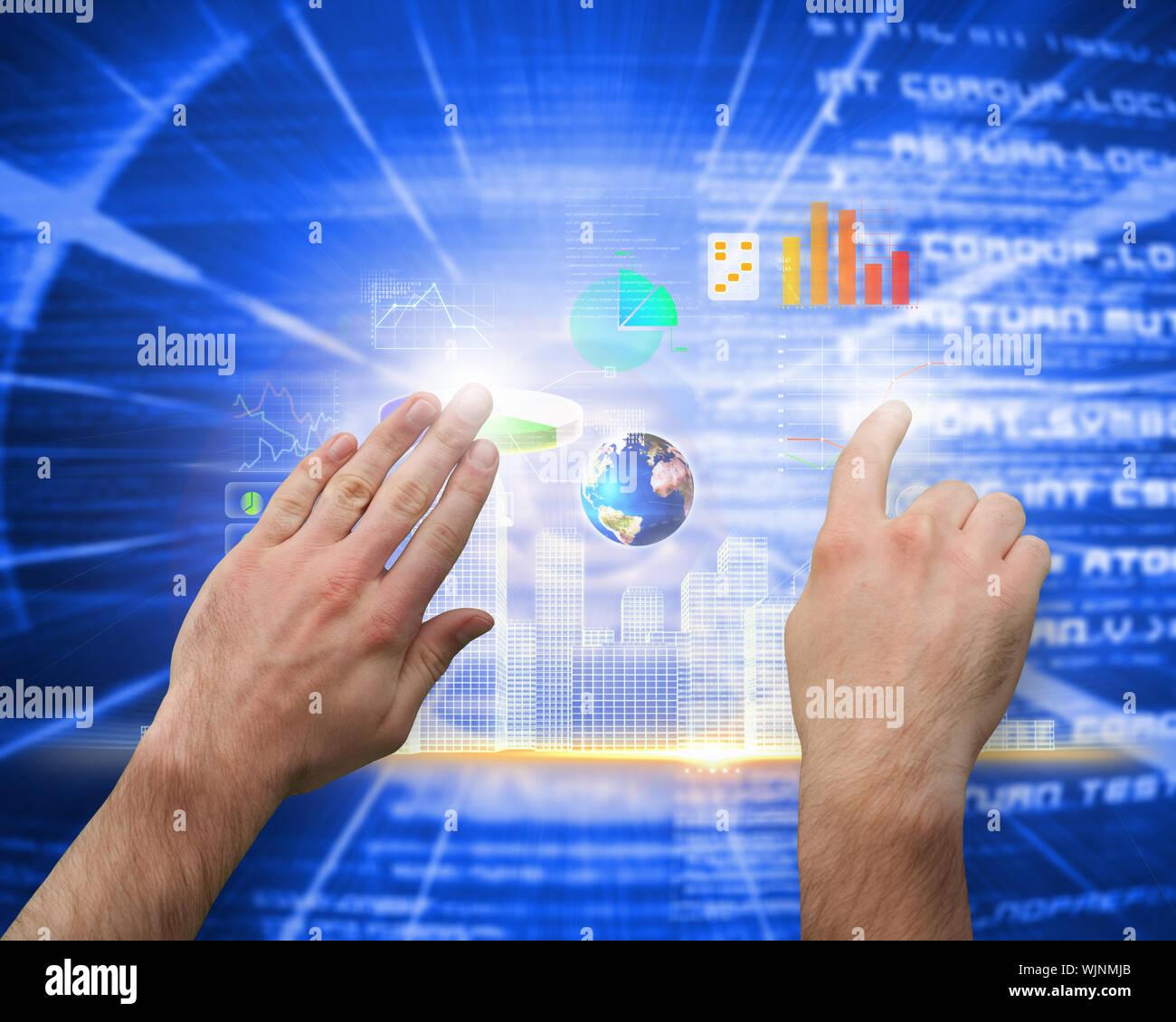 Hands pointing and presenting against blue background with coding Stock ...