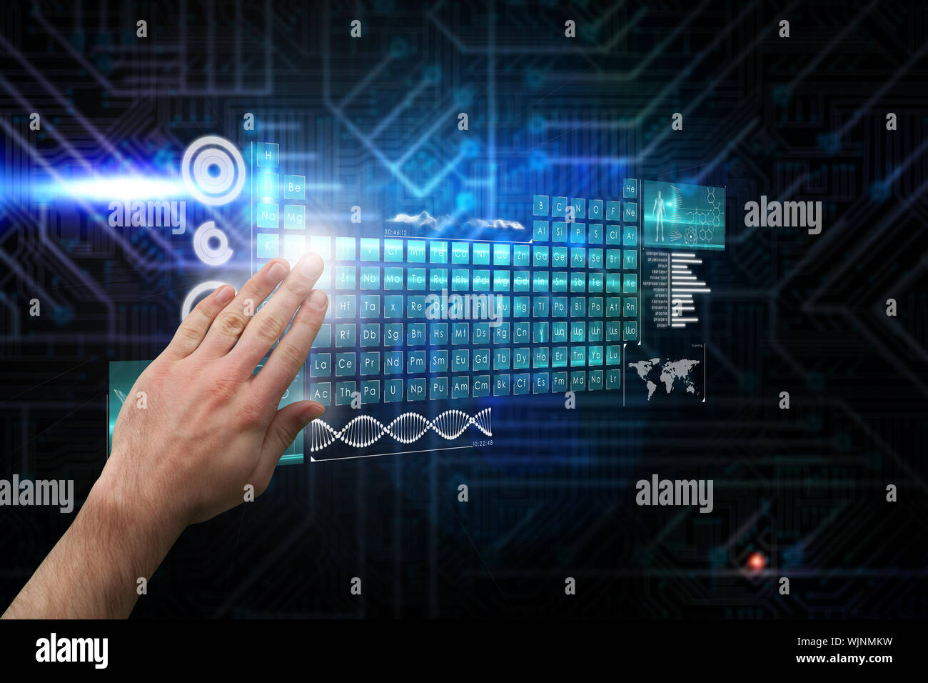 Hand presenting against futuristic black background with binary code ...