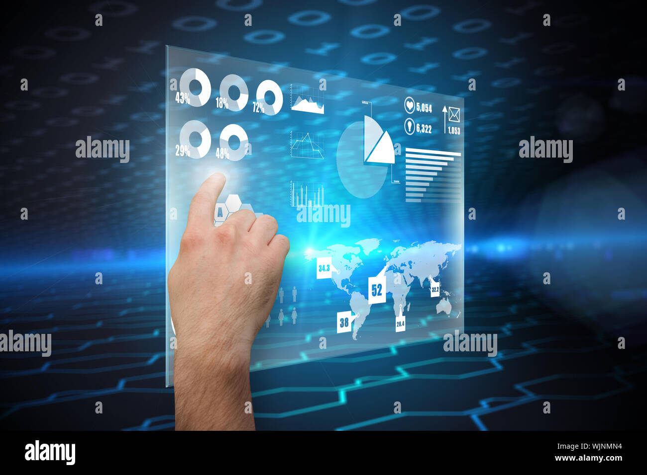 Hand pointing against hexagon pattern on technical background with binary code Stock Photo - Alamy