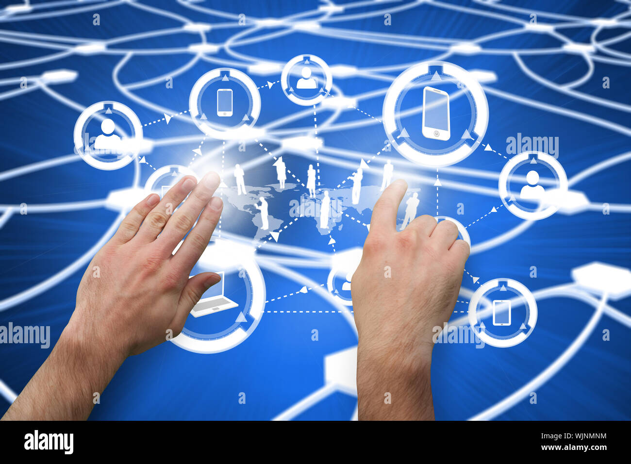 Hands pointing and presenting against hexagon pattern on technical background with binary code ...