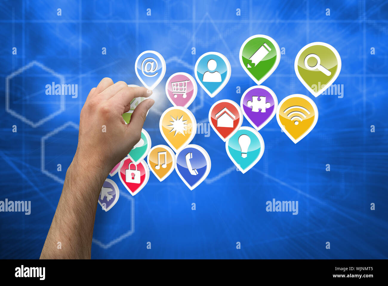 Hand presenting against abstract technology background Stock Photo - Alamy