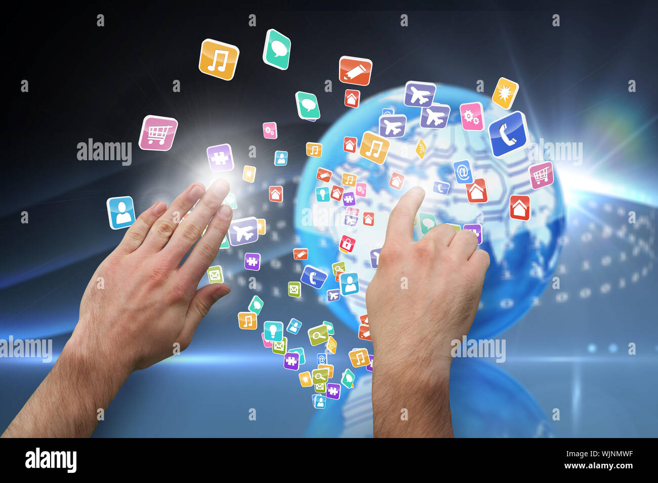 Hands pointing and presenting against digital earth background Stock ...