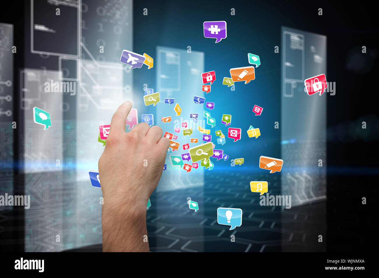 Hand pointing against hologram on black background with hexagon pattern Stock Photo - Alamy