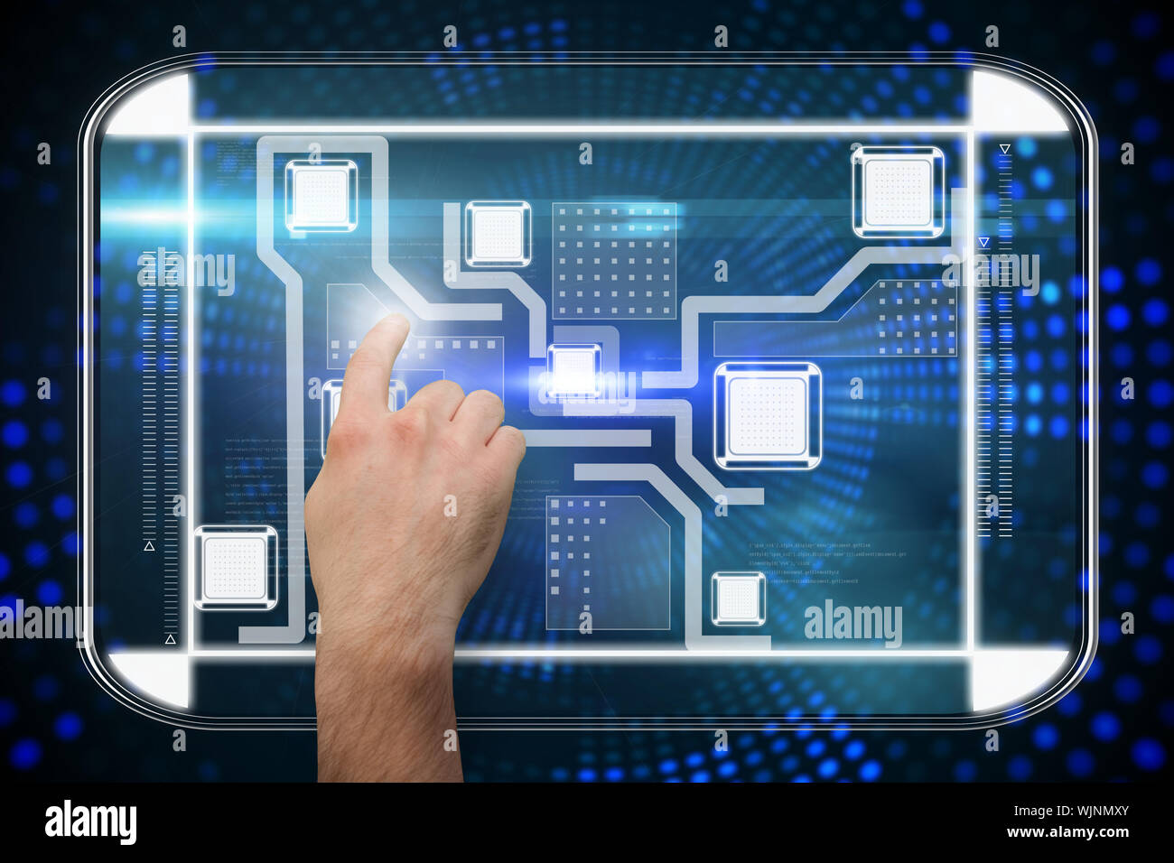 Hand pointing against futuristic dotted blue and black background Stock ...