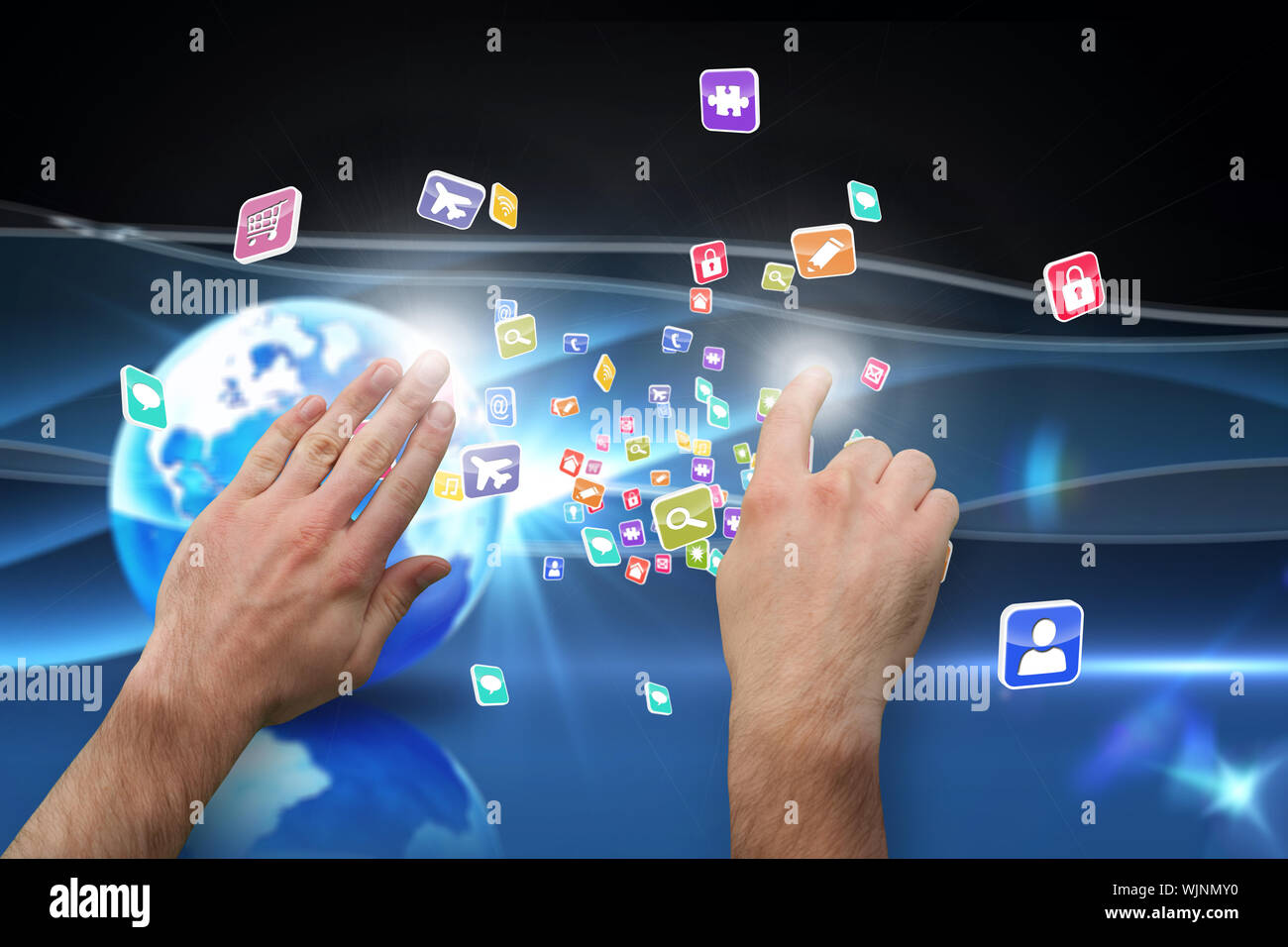 Hands pointing and presenting against digital earth background Stock ...