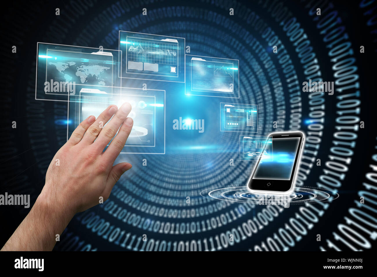 Hand presenting against spiral of shiny binary code Stock Photo - Alamy