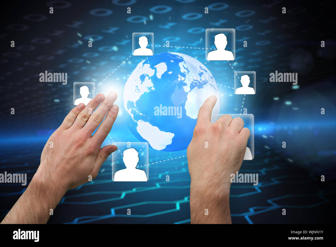 Hands pointing and presenting against hexagon pattern on technical background with binary code ...