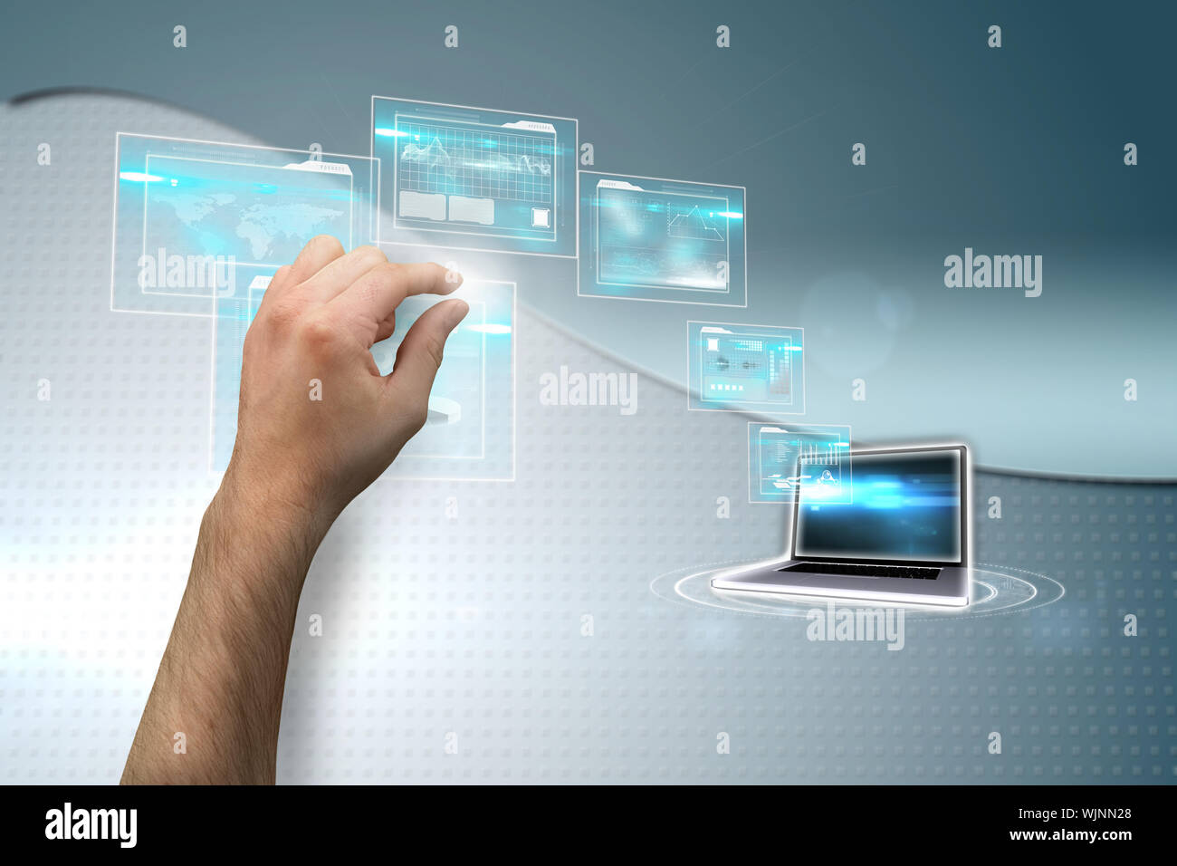 Hand presenting against wave on futuristic background Stock Photo - Alamy