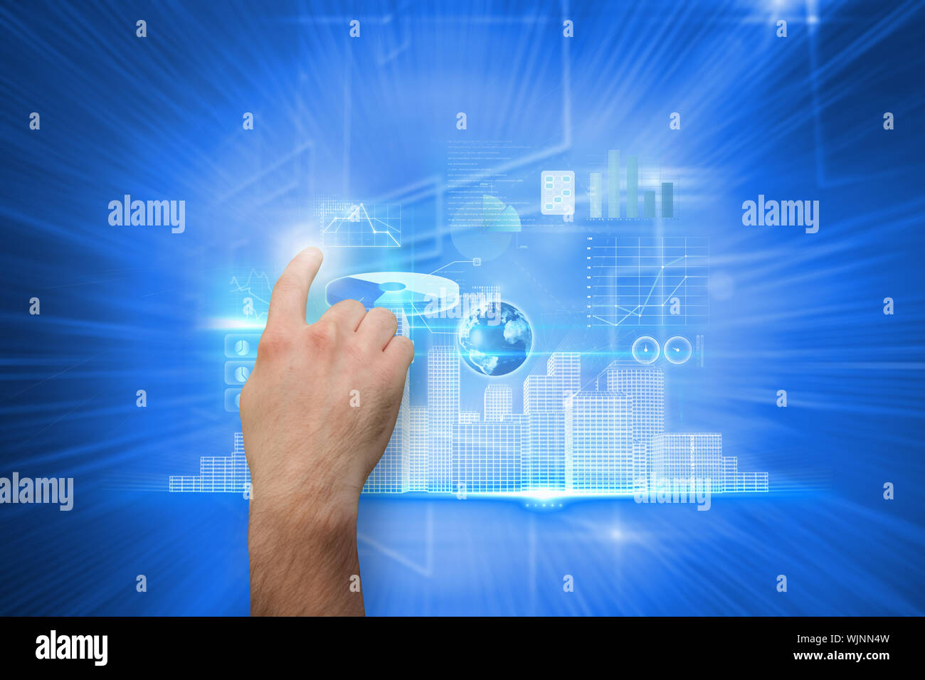 Hand pointing against glowing background with squares Stock Photo - Alamy