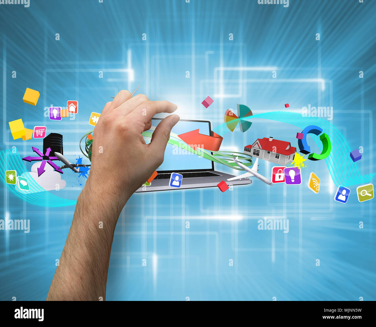 Hand presenting against multiple geometric lights Stock Photo - Alamy