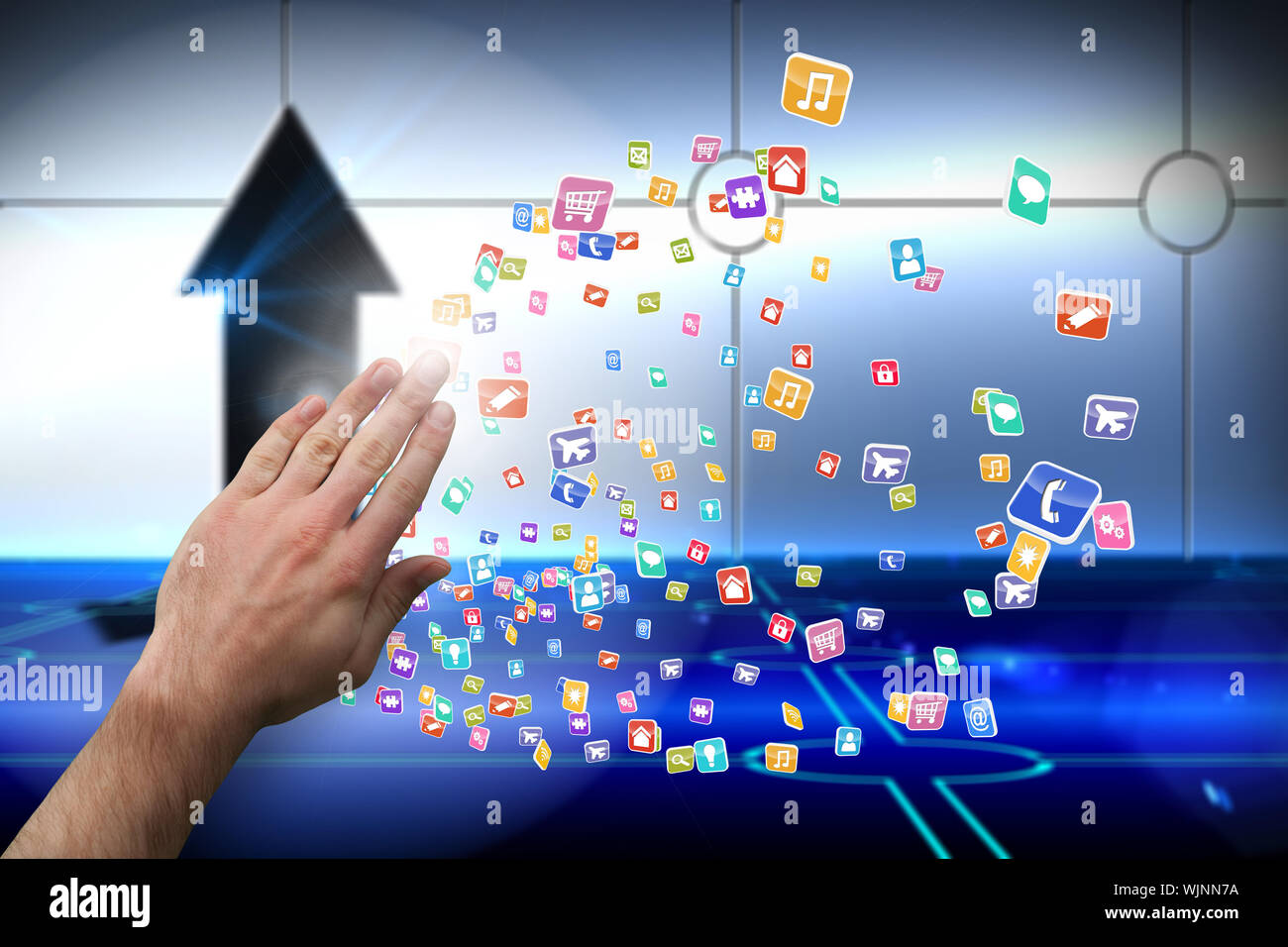 Hand presenting against arrow on technological background Stock Photo ...