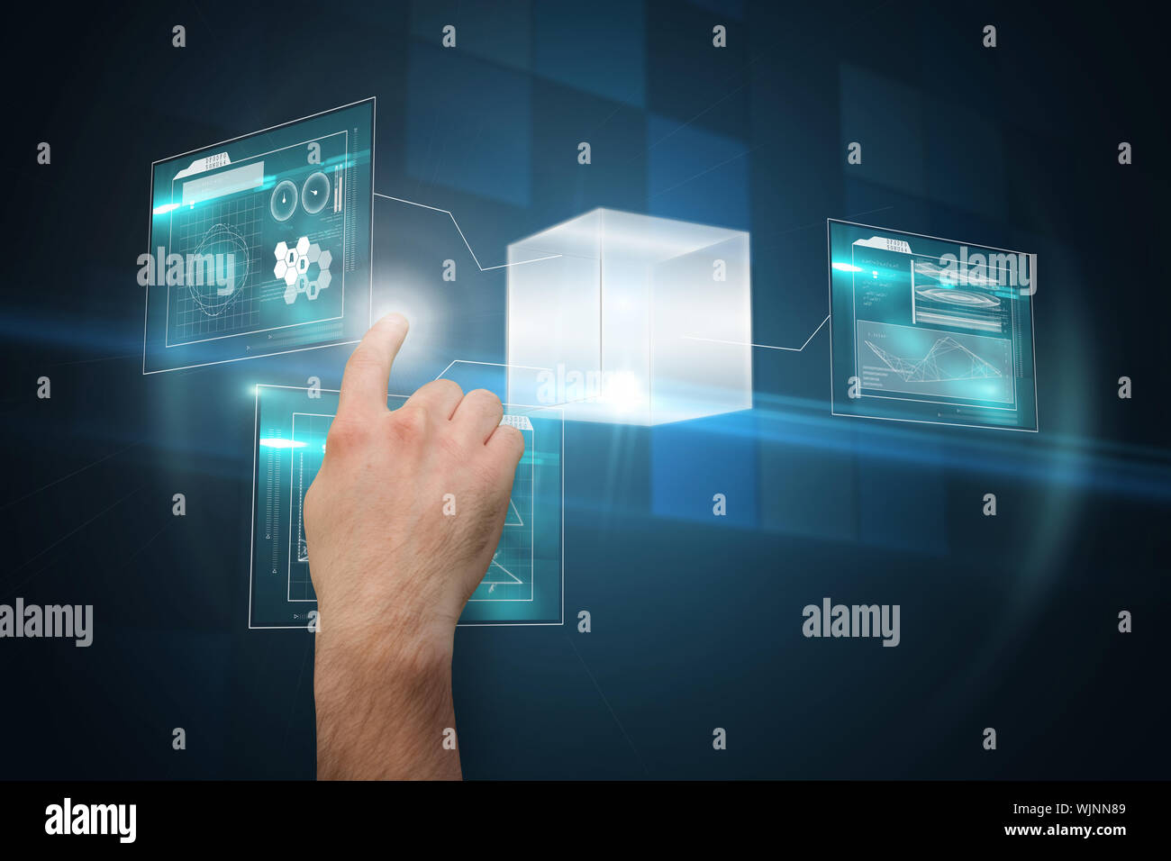 Hand pointing against technical background with squars Stock Photo - Alamy