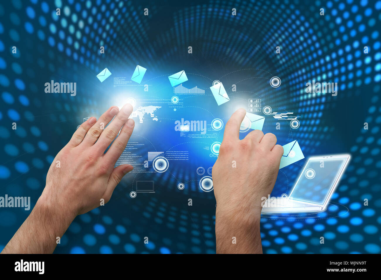 Hands pointing and presenting against futuristic dotted blue and black ...