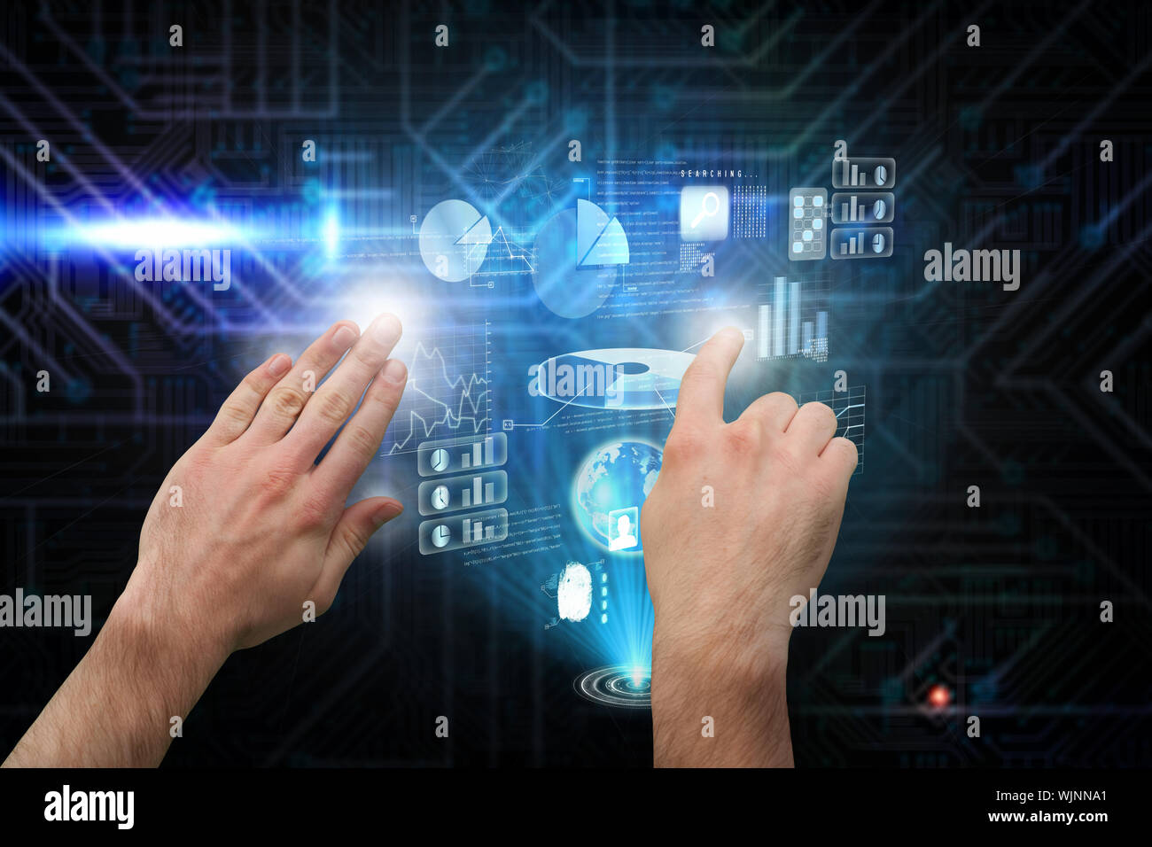 Hands pointing and presenting against futuristic black and blue ...