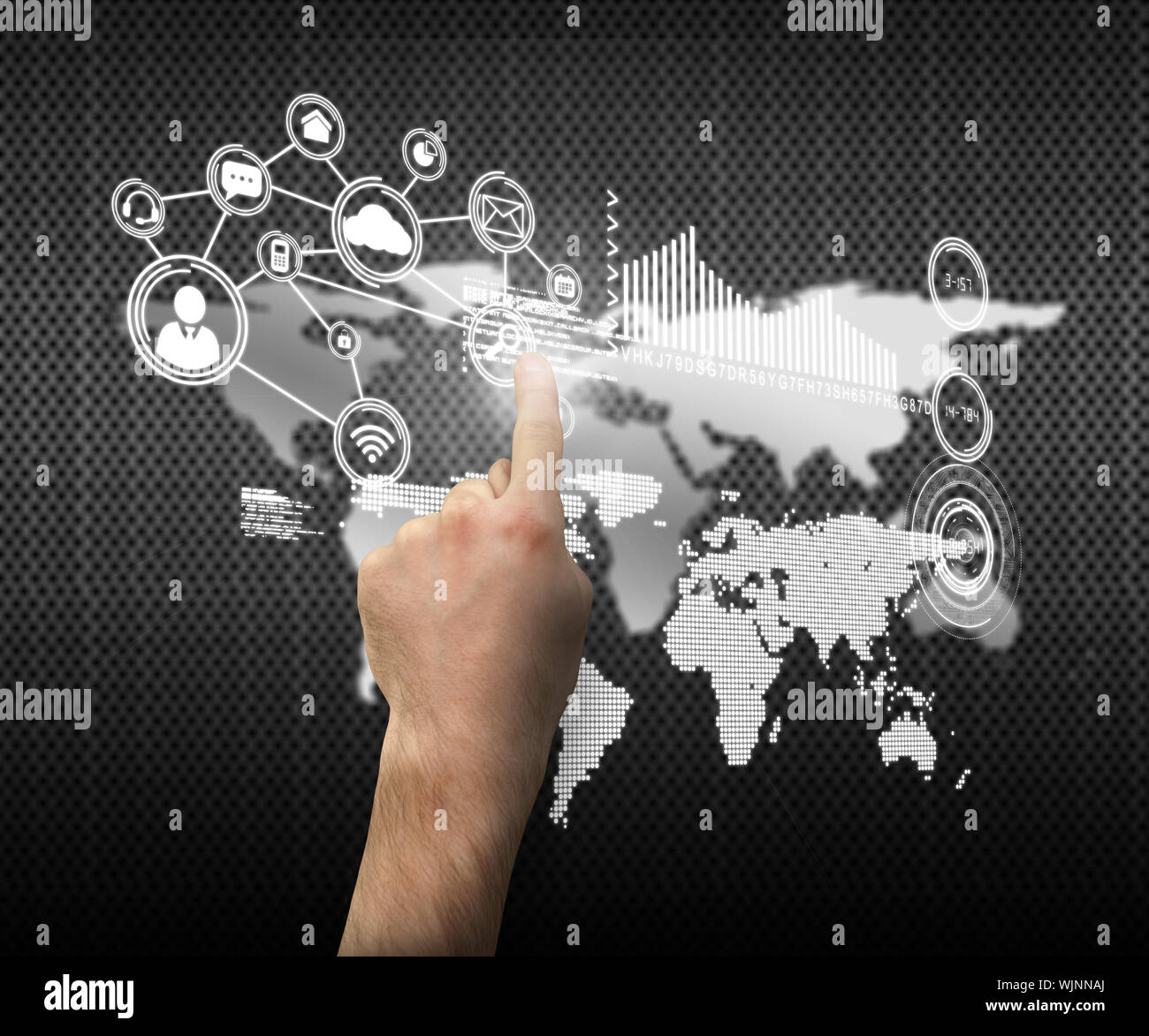 Hand pointing against silver world map over dots Stock Photo - Alamy