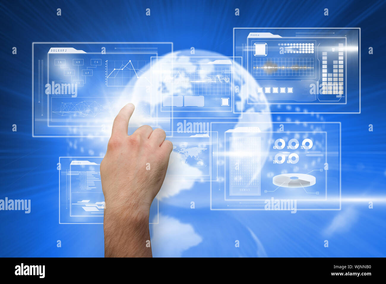 Hand pointing against global technology background Stock Photo - Alamy
