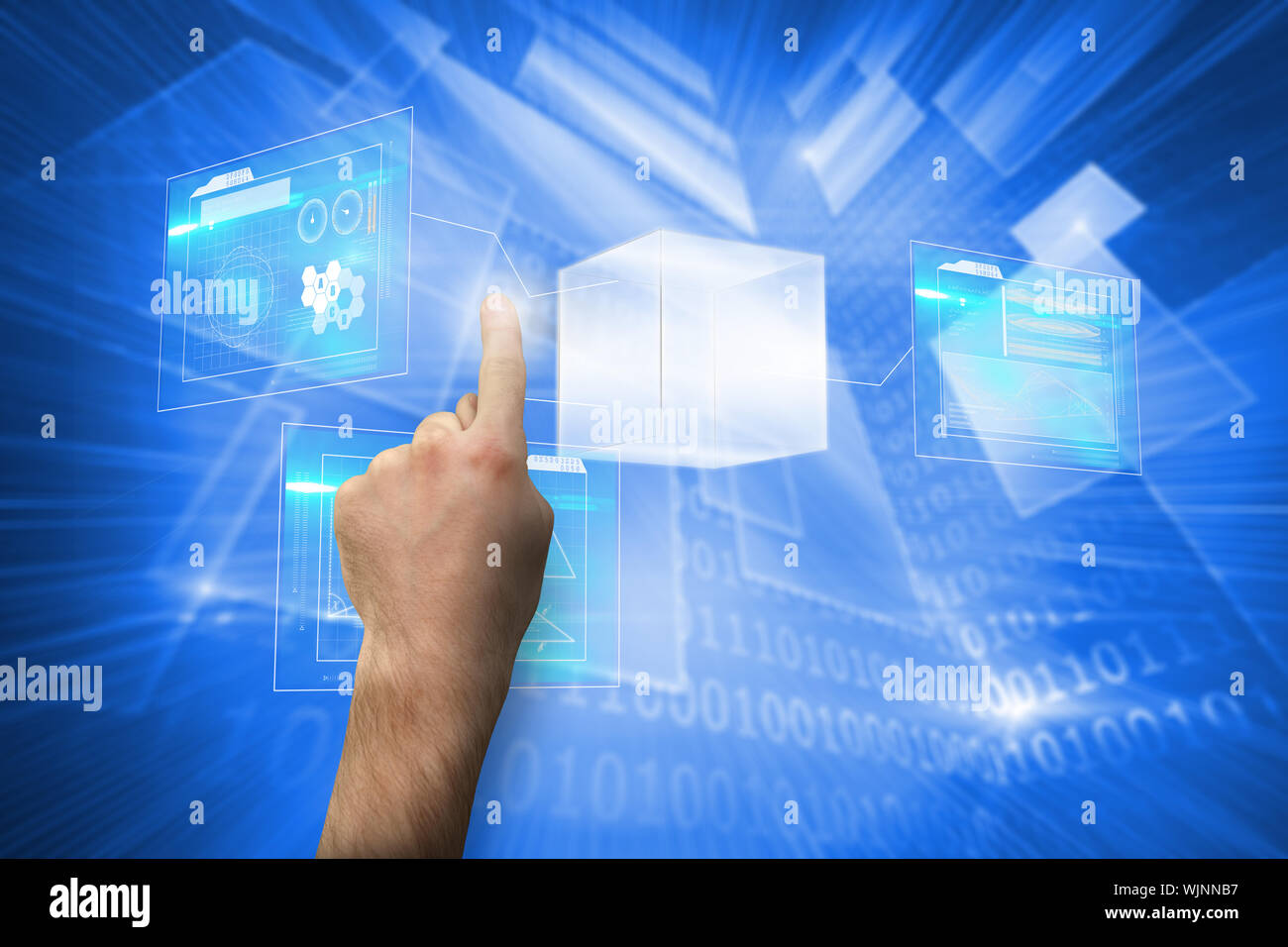 Hand pointing against shiny technological background Stock Photo - Alamy