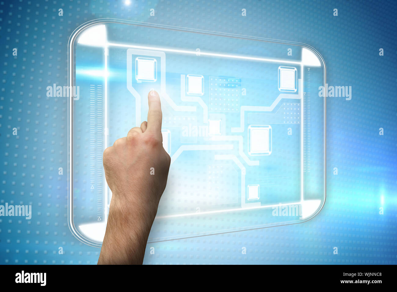 Hand pointing against technical screen with pixels Stock Photo - Alamy