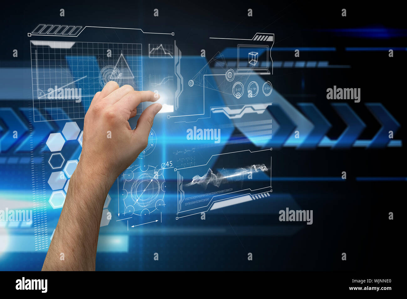 Hand presenting against arrows on technical background Stock Photo - Alamy