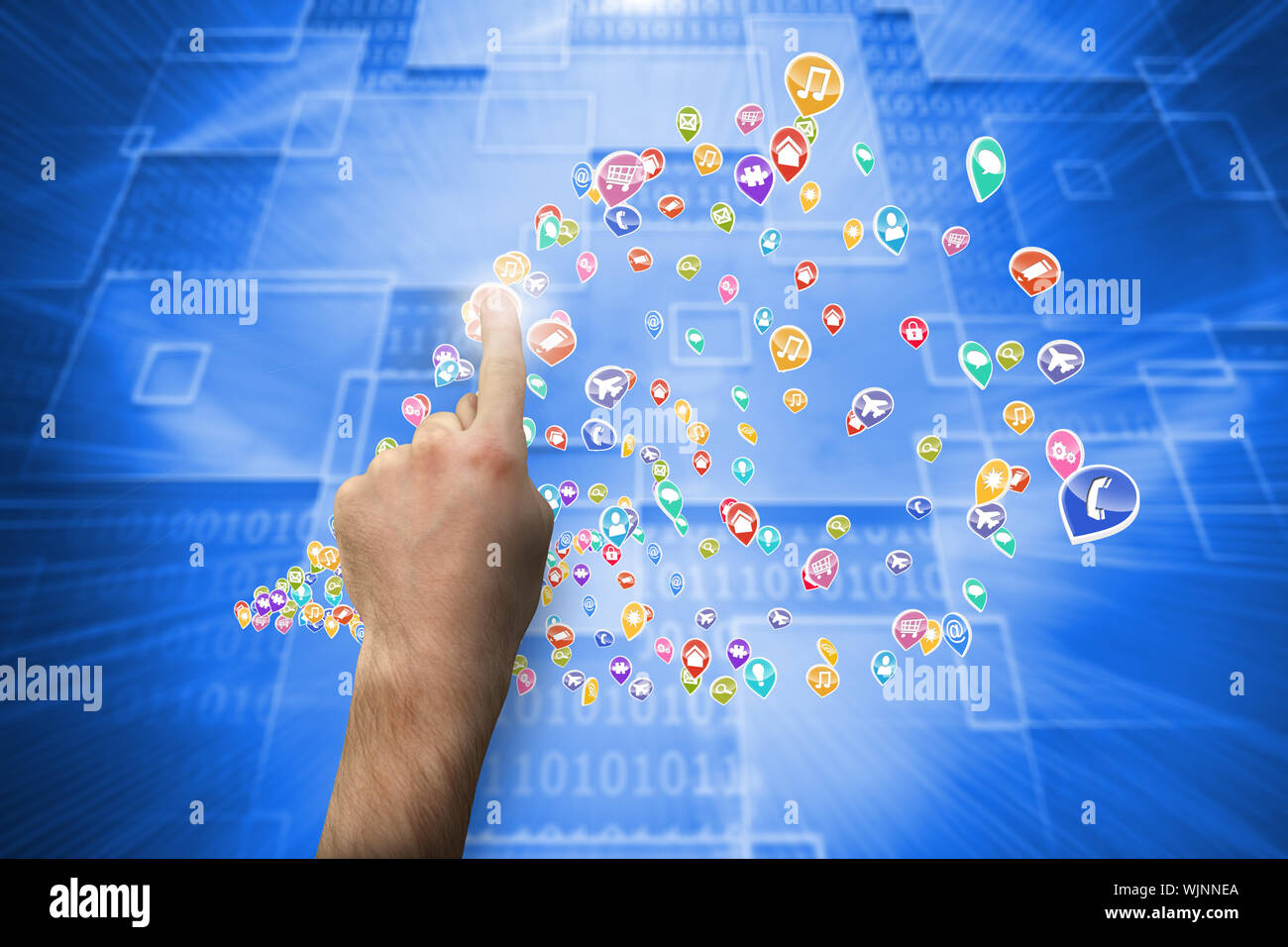 Hand pointing against shiny background with squares Stock Photo - Alamy