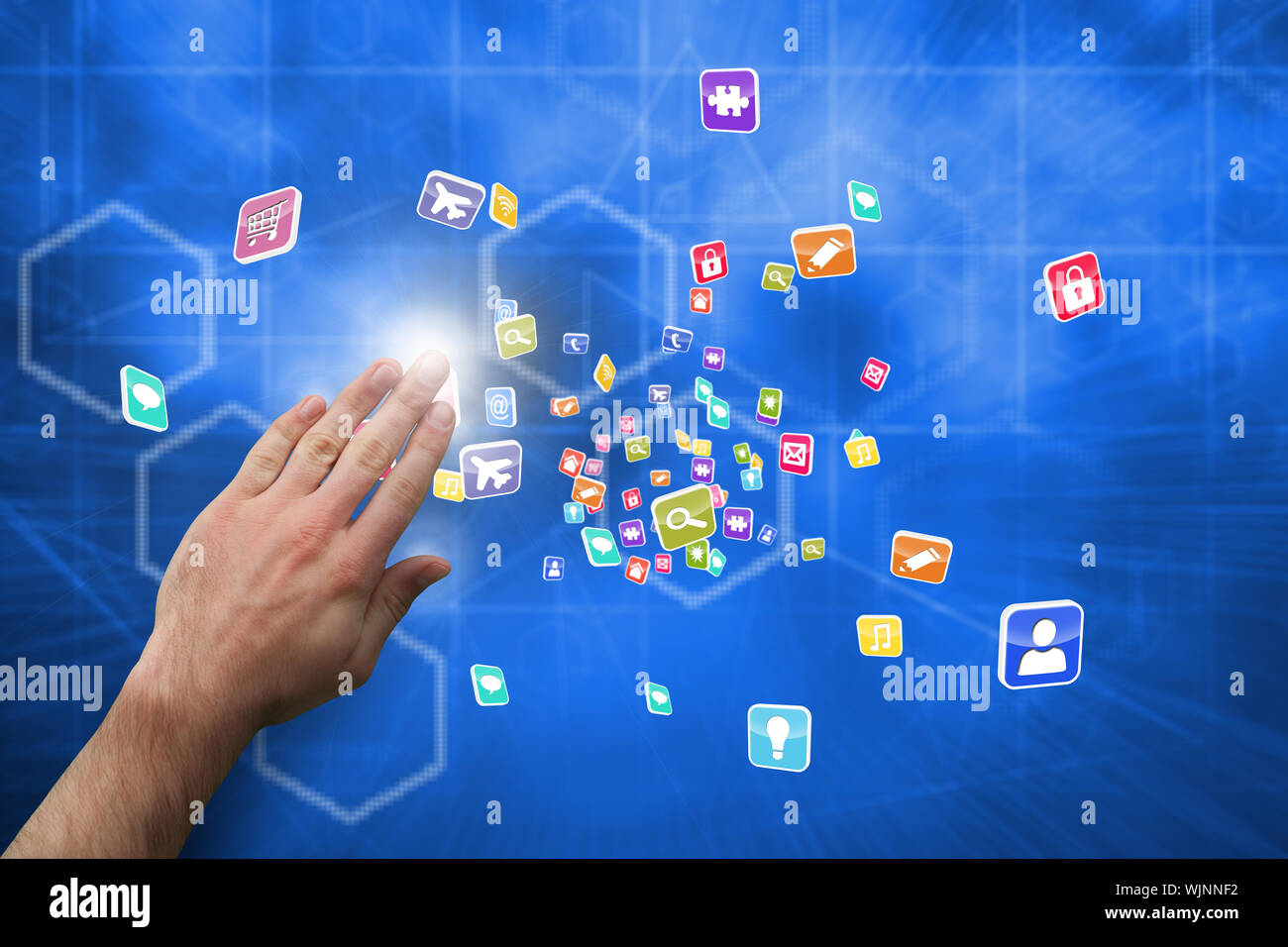 Hand presenting against abstract technology background Stock Photo - Alamy