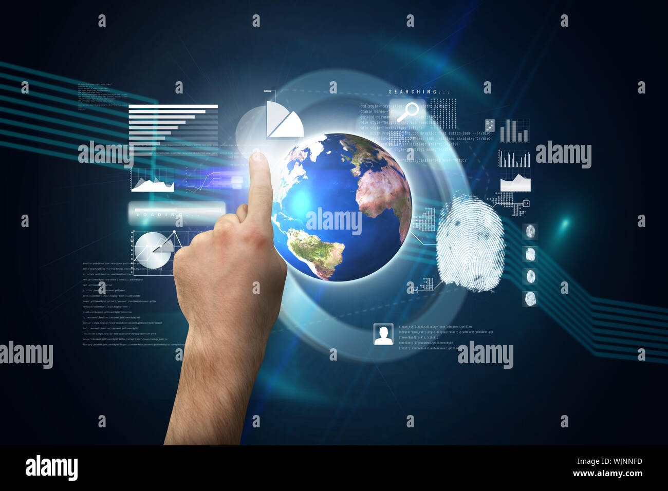 Hand presenting against clock on technical background Stock Photo - Alamy