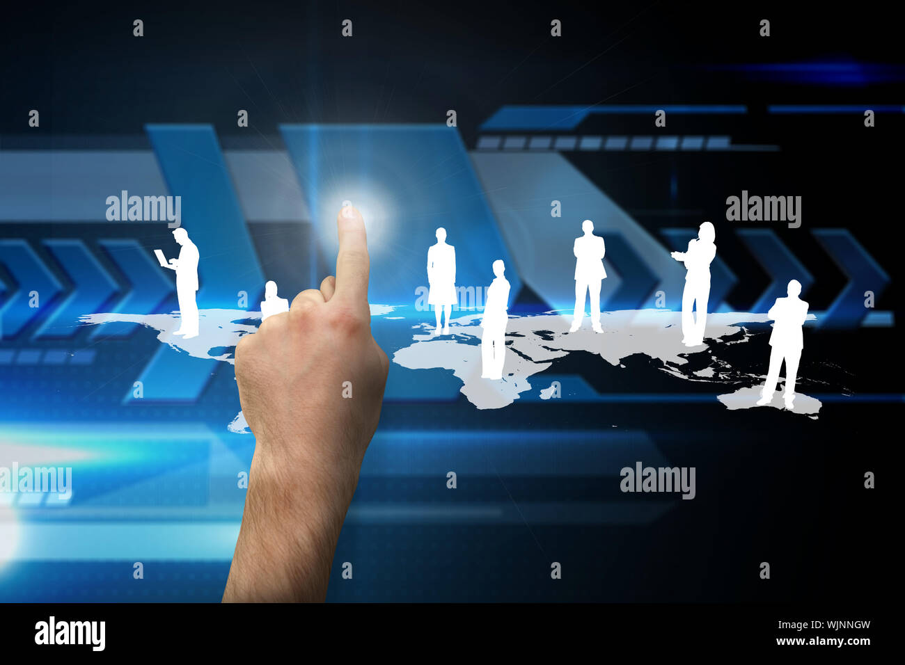 Hand pointing against arrows on technical background Stock Photo - Alamy