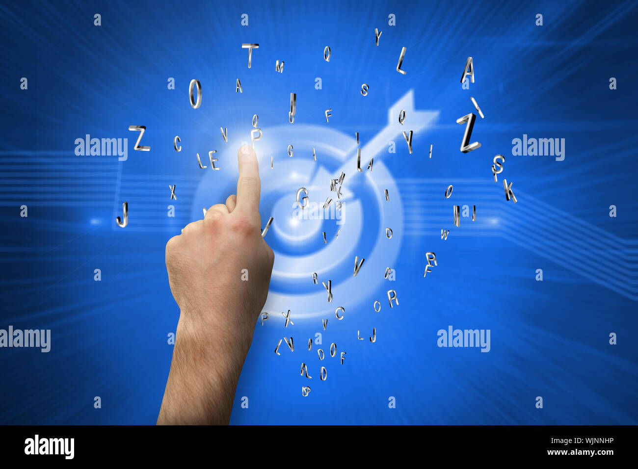 Hand pointing against shiny target on blue background Stock Photo - Alamy