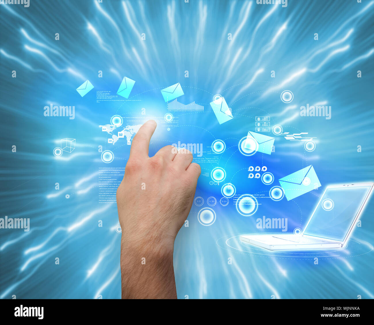 Hand pointing against strands of blue lights Stock Photo - Alamy