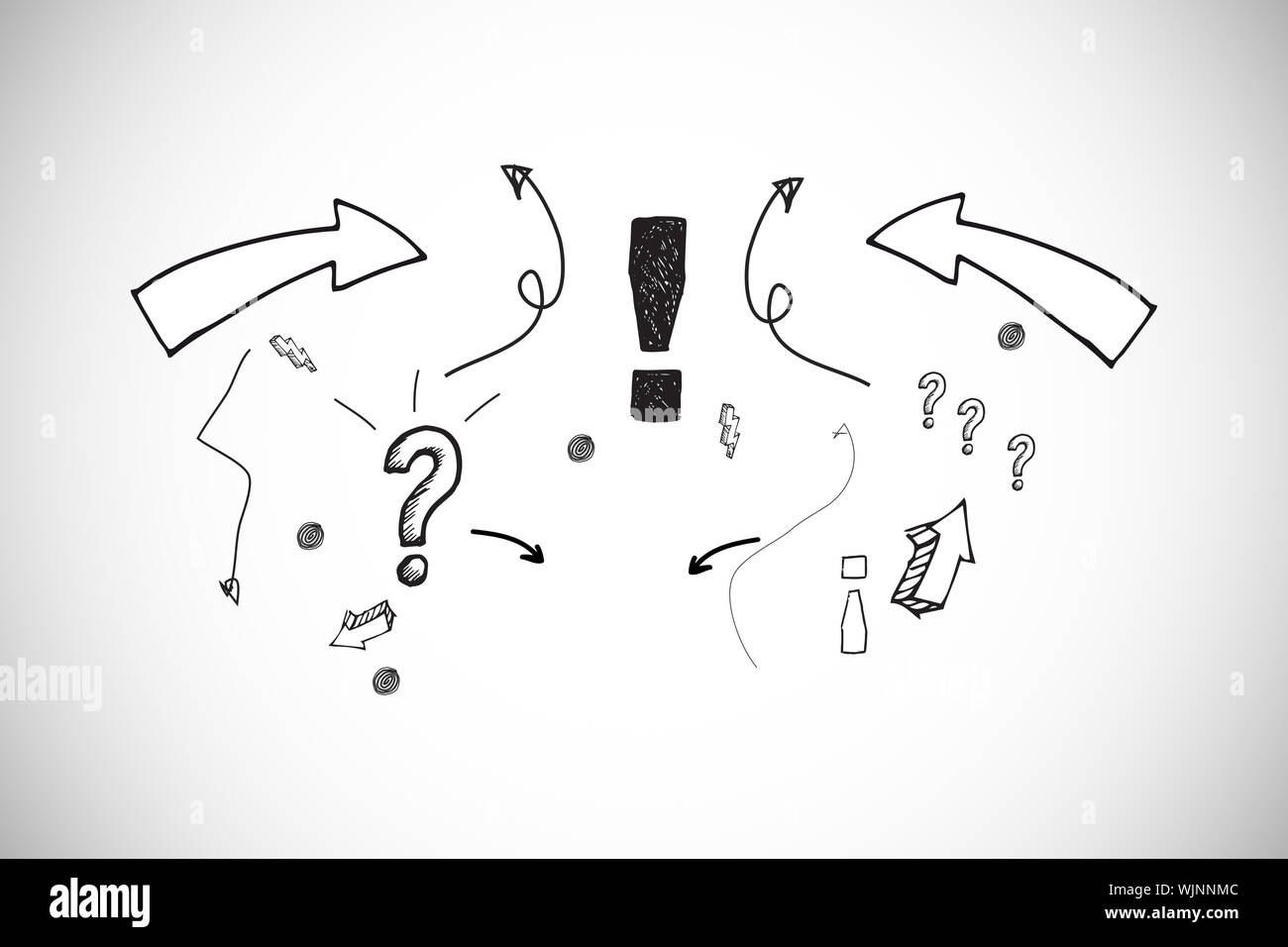 Exclamation mark and arrows against white background with vignette ...