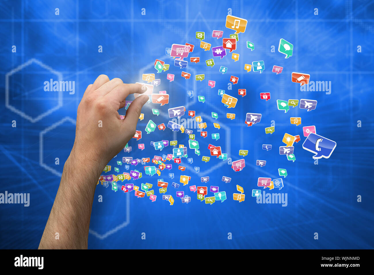 Hand presenting against abstract technology background Stock Photo - Alamy