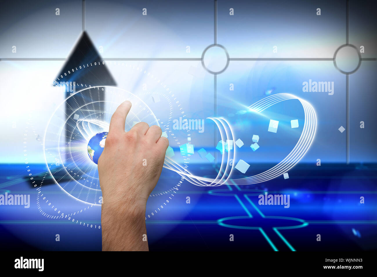 Hand pointing against arrow on technological background Stock Photo - Alamy