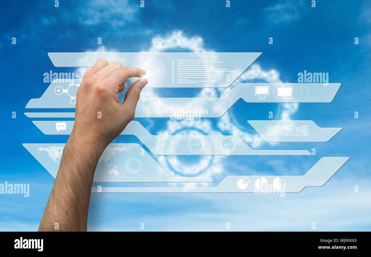 Hand presenting against white cogs in the sky Stock Photo - Alamy