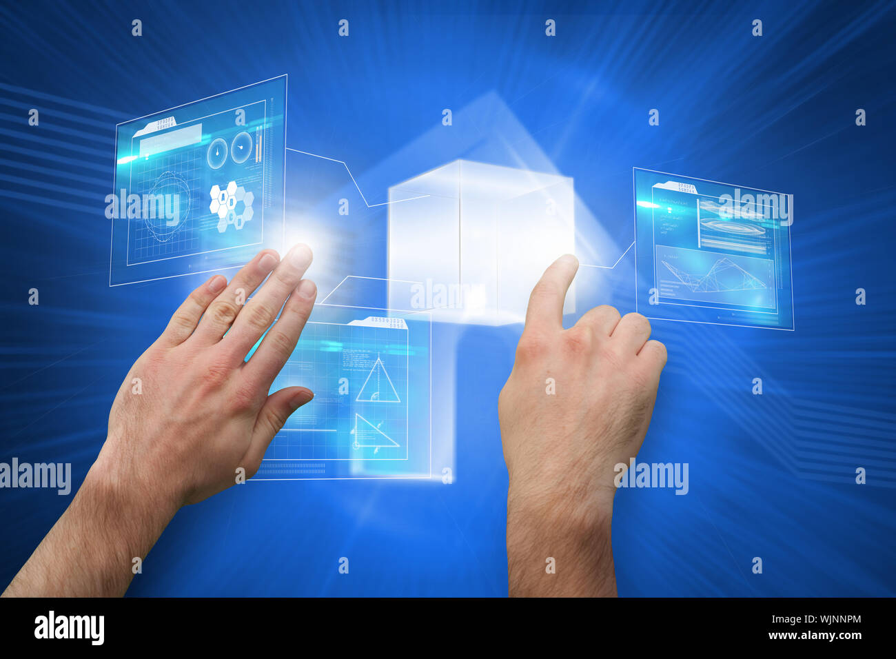 Technology interface against shiny house on blue background Stock Photo ...