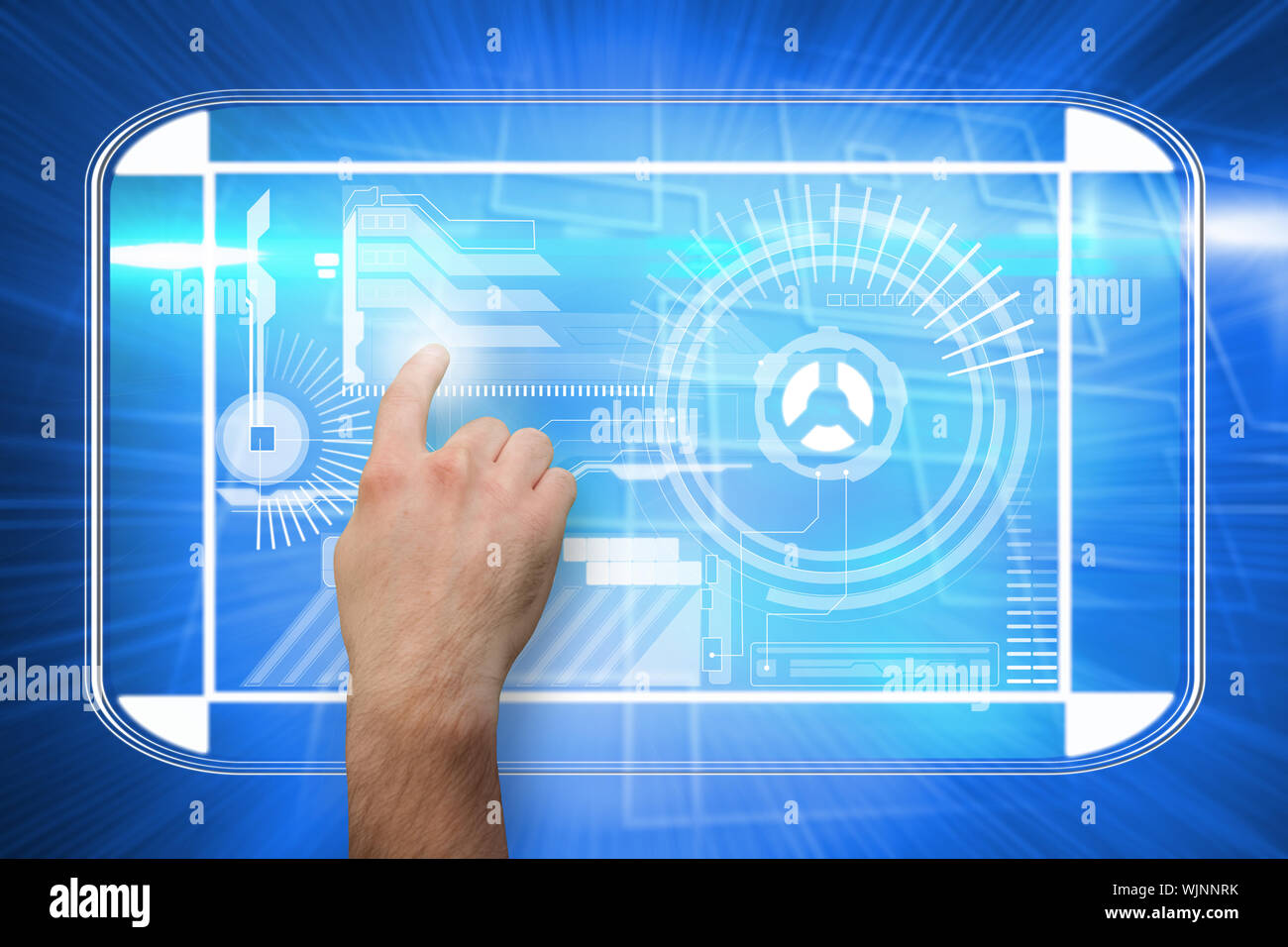 Hand pointing against background with glowing squares Stock Photo - Alamy