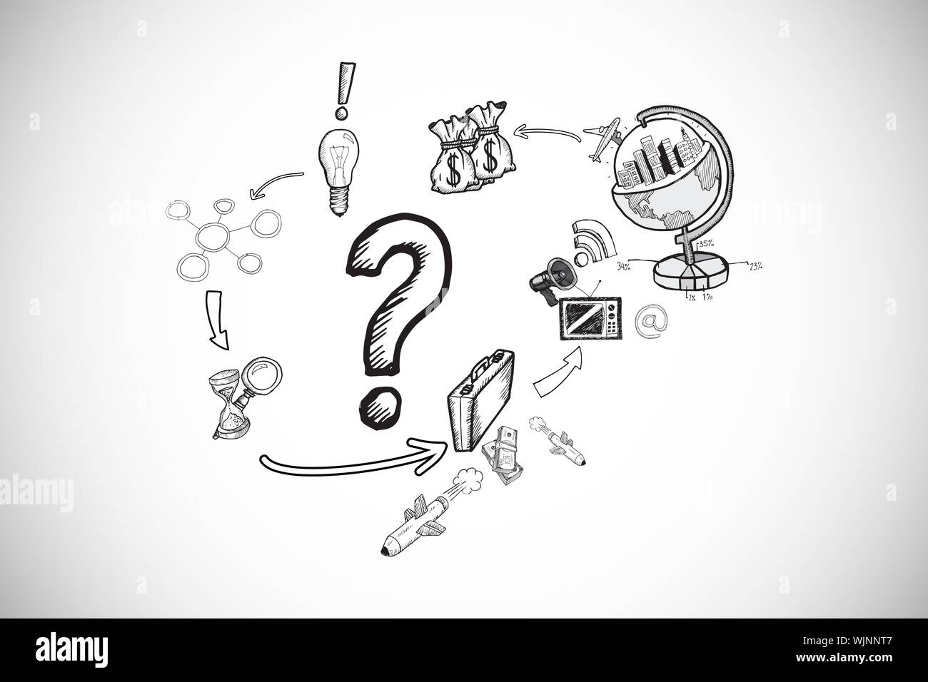 Question mark with earth and profit doodles against white background ...