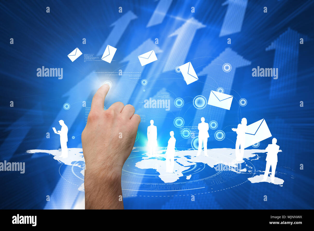 Hand pointing against futuristic shiny arrow pointing upwards Stock ...