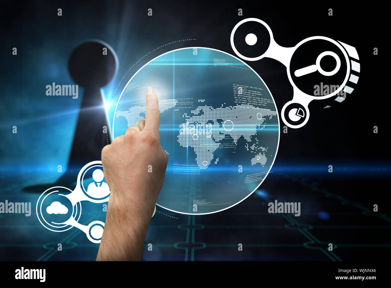 Hand pointing against keyhole on technological black background Stock ...