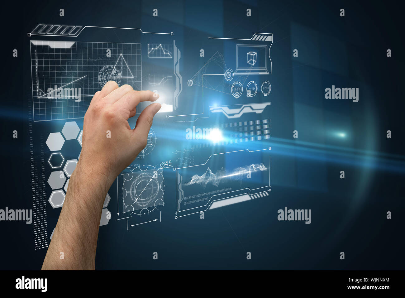 Hand presenting against technical background with squars Stock Photo - Alamy