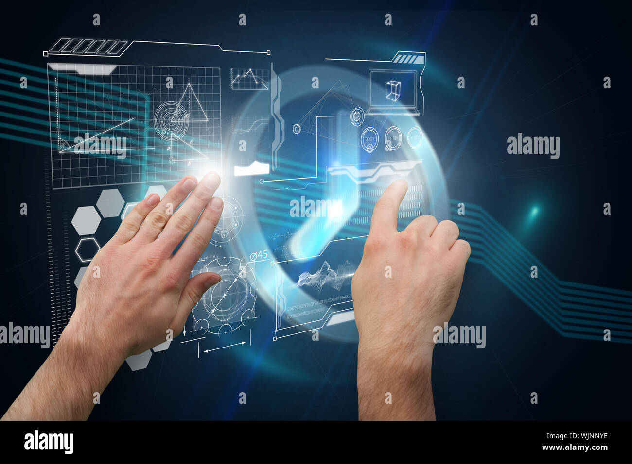 Hand presenting against clock on technical background Stock Photo - Alamy