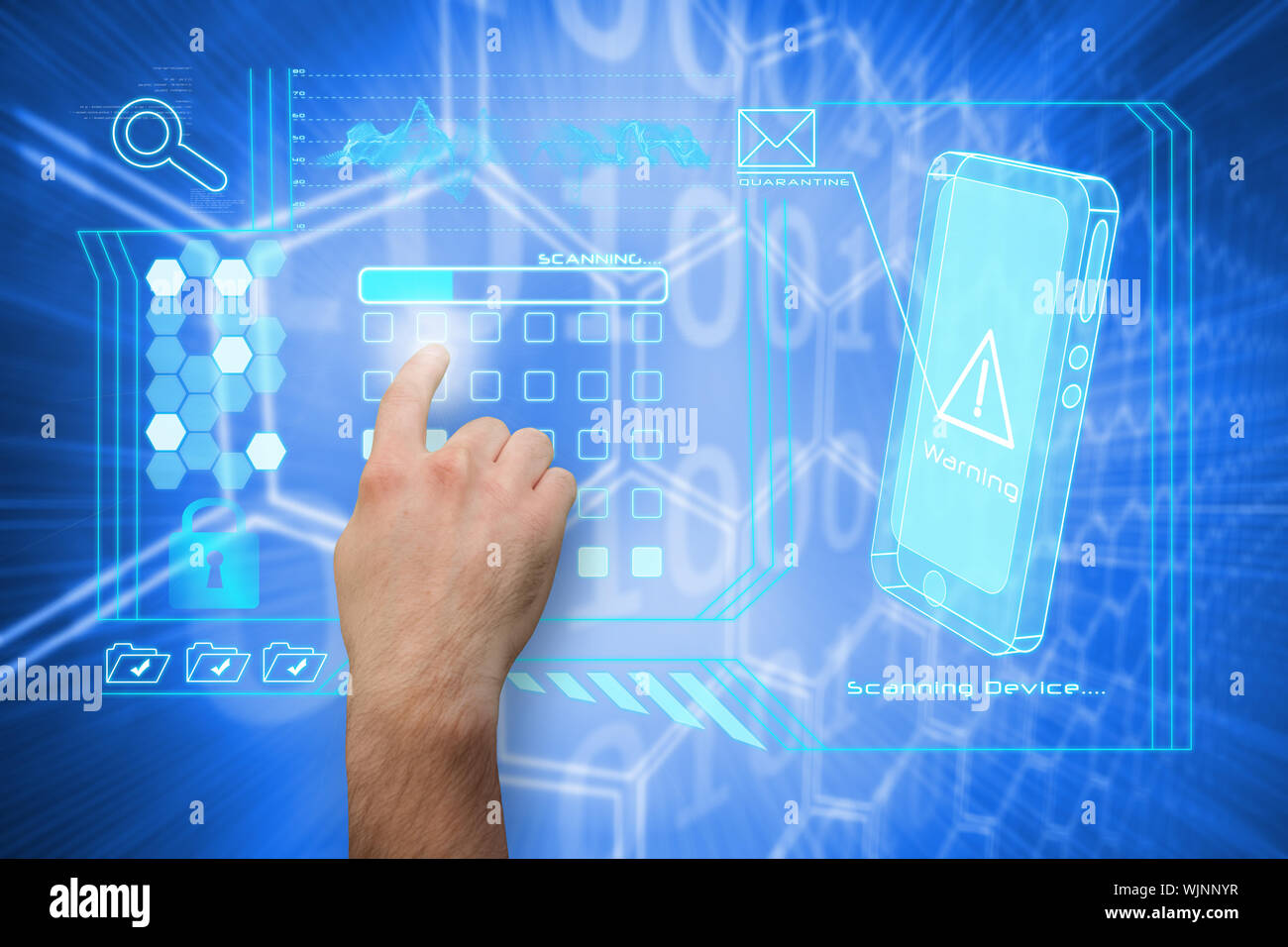 Hand pointing against background with shiny hexagons Stock Photo - Alamy