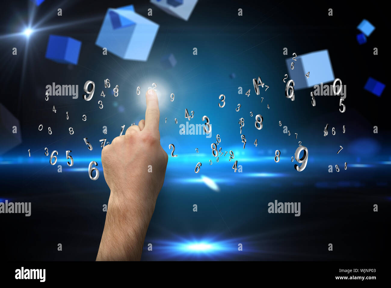 Hand pointing against boxes on technical background Stock Photo - Alamy